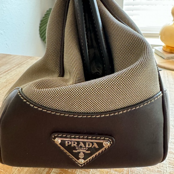 Prada | Bags | Vintage Prada Milano Vintage Top Handle Logo Jacquard Beige Handbag | Poshmark